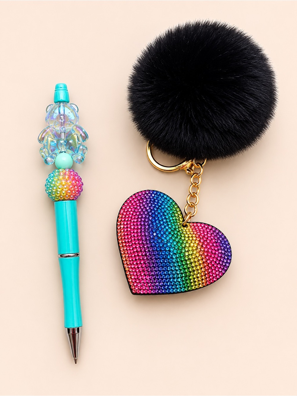 Accessories | Rainbow Heart Pom Keychain With Turquoise Crystal Pen ...